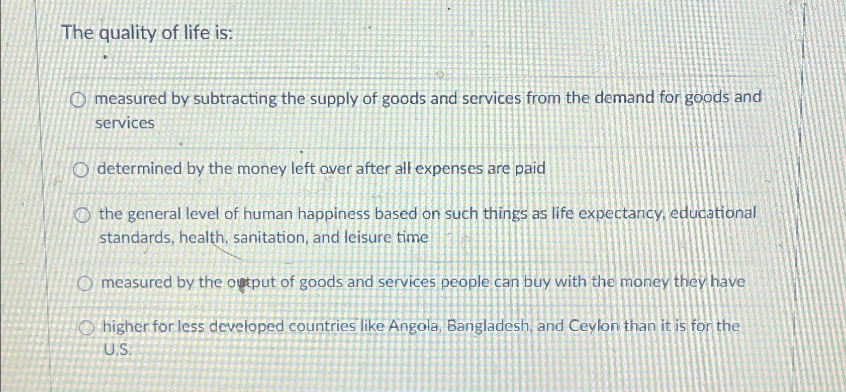 Solved The quality of life is:measured by subtracting the | Chegg.com