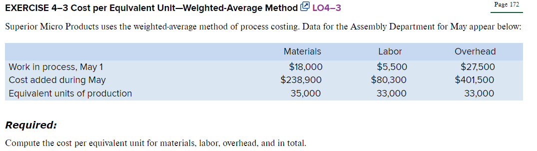 Solved EXERCISE 4-3 ﻿Cost per Equivalent | Chegg.com
