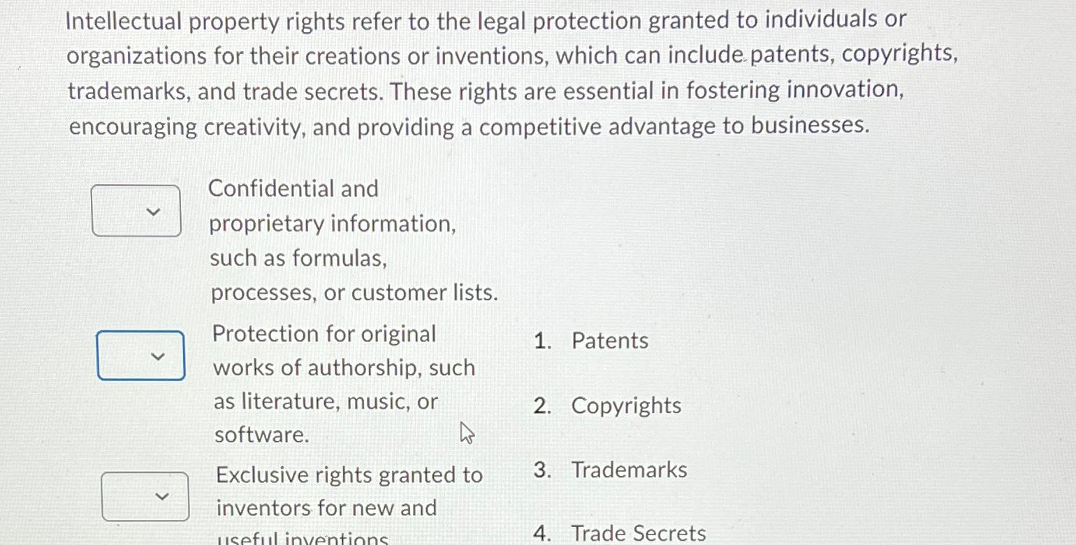 Solved Intellectual property rights refer to the legal | Chegg.com