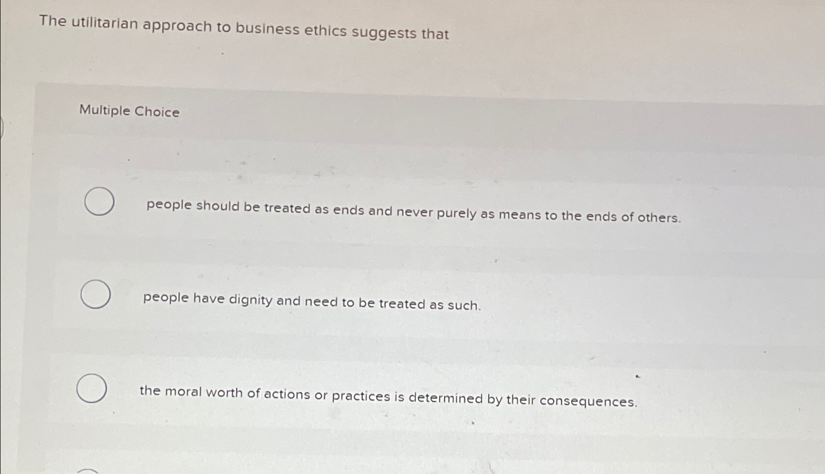 Solved The utilitarian approach to business ethics suggests | Chegg.com