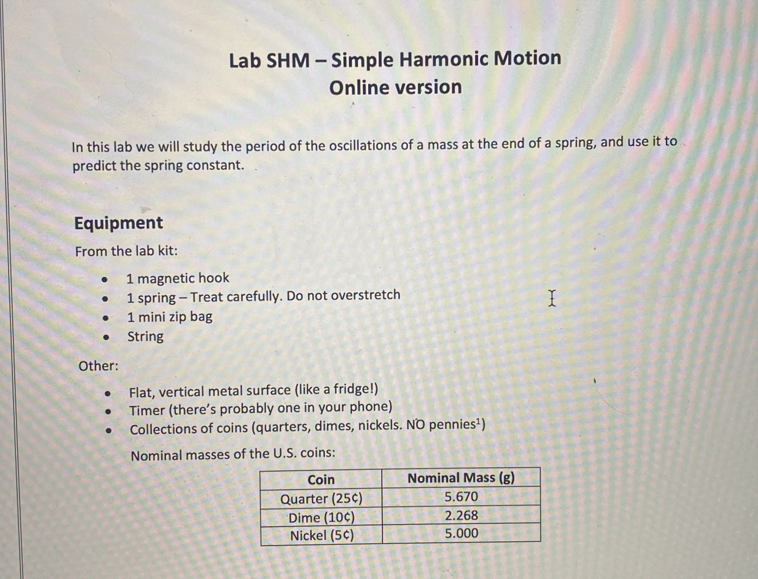 Solved Lab SHM - ﻿Simple Harmonic MotionOnline versionIn | Chegg.com