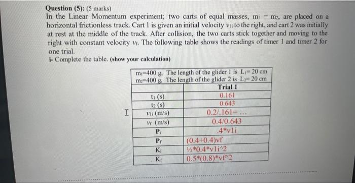 Solved Question (5): (5 marks) In the Linear Momentum | Chegg.com