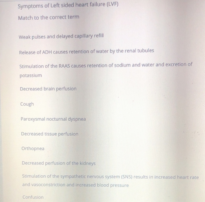 Solved Symptoms of Left sided heart failure (LVF) Match to | Chegg.com
