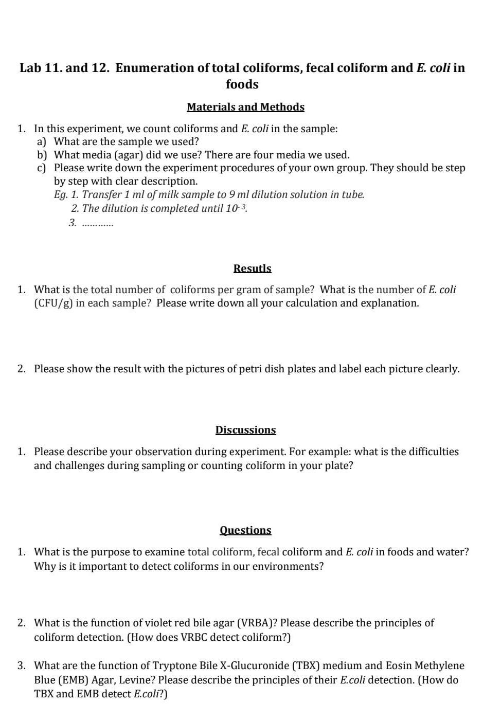 Solved Lab 11. and 12. Enumeration of total coliforms, fecal | Chegg.com