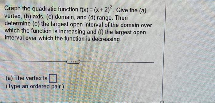 Solved Graph the quadratic function f(x)=(x+2)2. Give the | Chegg.com