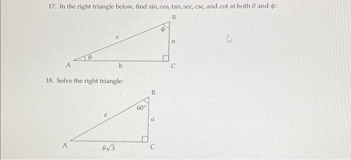 Solved 17. In the right triangle below, find sin, cos, tan, | Chegg.com
