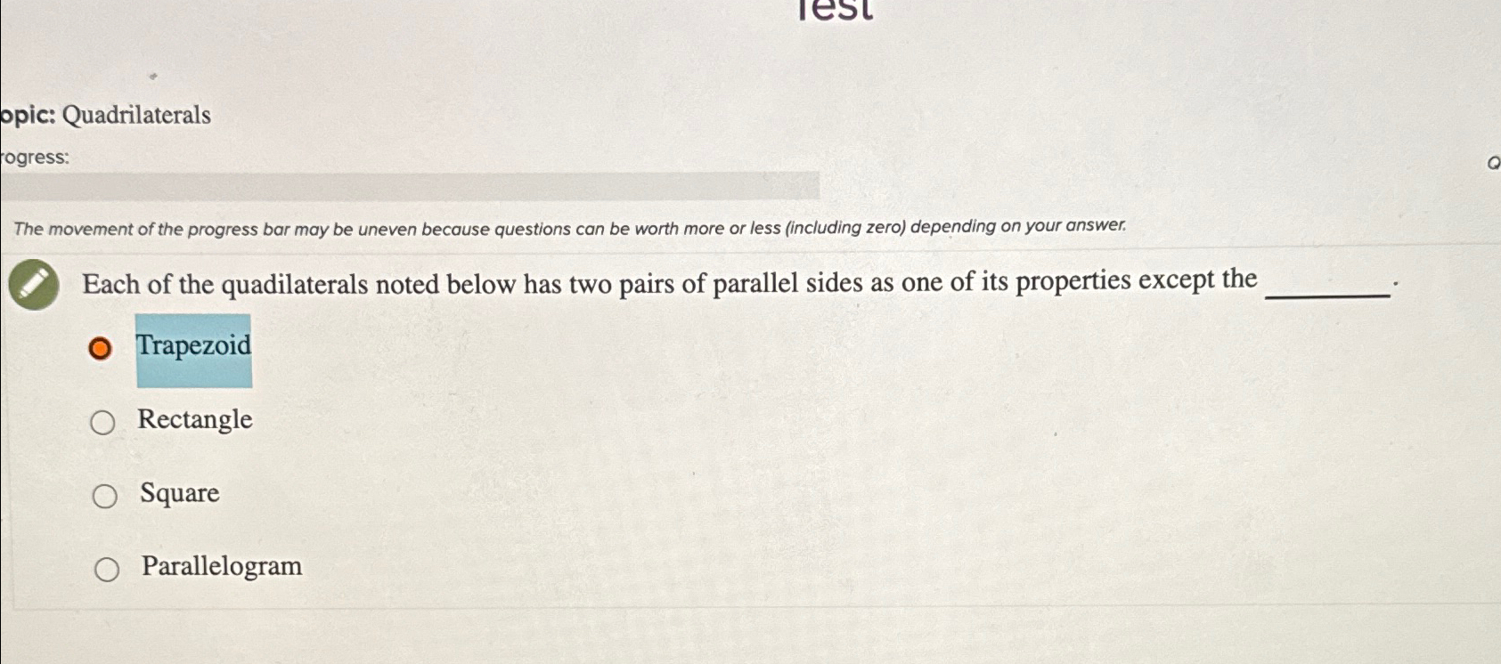 Solved Quadrilateralsogress:The movement of the progress bar | Chegg.com
