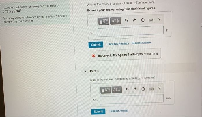 Solved What is the mass, in grams, of 28.40 mL of acetone? | Chegg.com