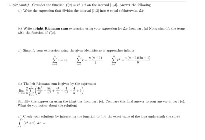 Solved (50 points) Consider the function f(x)=x2+2 on the | Chegg.com