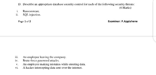 Solved D Describe An Appropriate Database Security Control