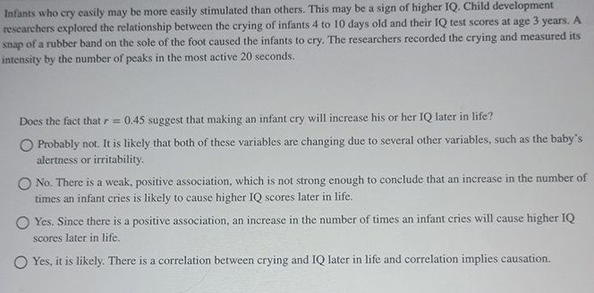 Solved Infants who cry easily may be more easily stimulated | Chegg.com