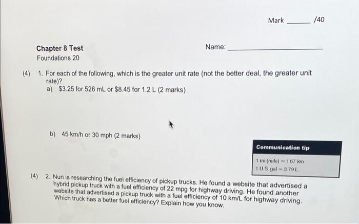 Solved Chapter 8 Test Name: Foundations 20 (4) 1. For each | Chegg.com