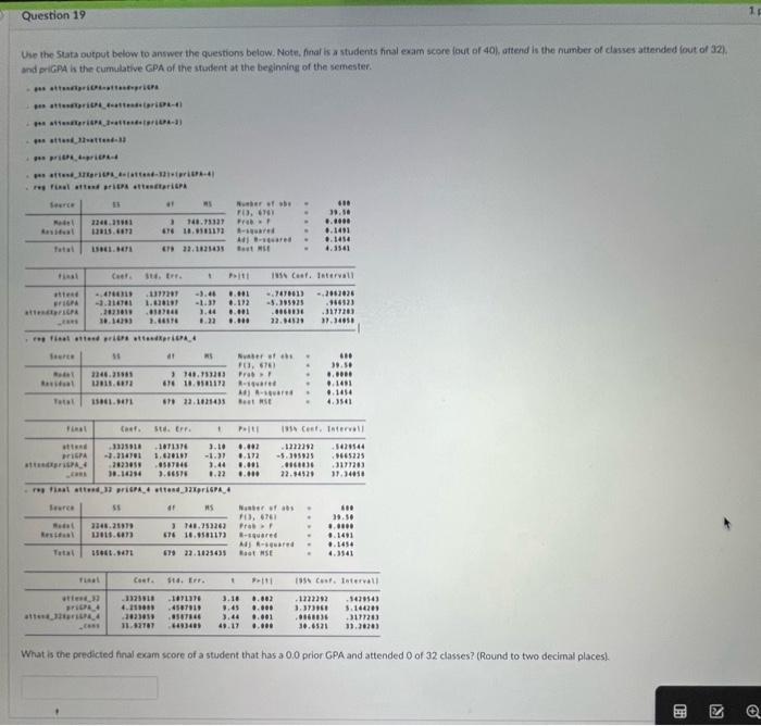 Question 19 Whe the Stata output below to answer the | Chegg.com