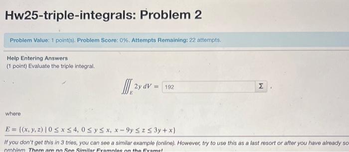 Solved Help Entering Answers (1 point) Evaluate the triple | Chegg.com