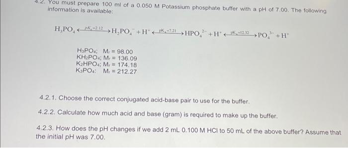 Solved 4.2. You must prepare 100ml of a 0.050M Potassium | Chegg.com