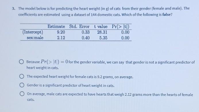 Solved 3. The model below is for predicting the heart weight | Chegg.com