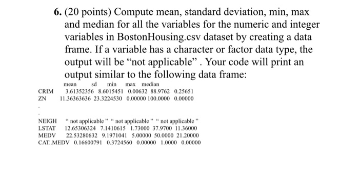 Solved 6. (20 points) Compute mean, standard deviation, min, | Chegg.com