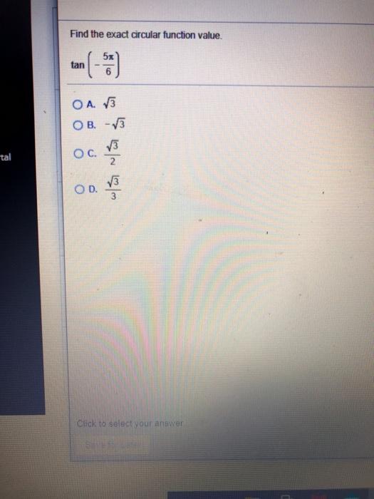 Solved Find the exact circular function value. tan O A V3 | Chegg.com