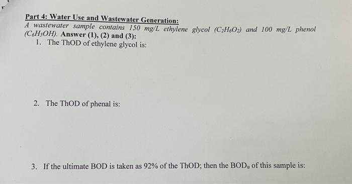 Solved Part 4: Water Use and Wastewater Generation: A | Chegg.com