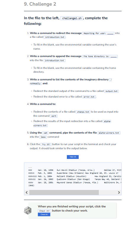 Solved In the file to the left, challenge2.sh, ﻿complete | Chegg.com