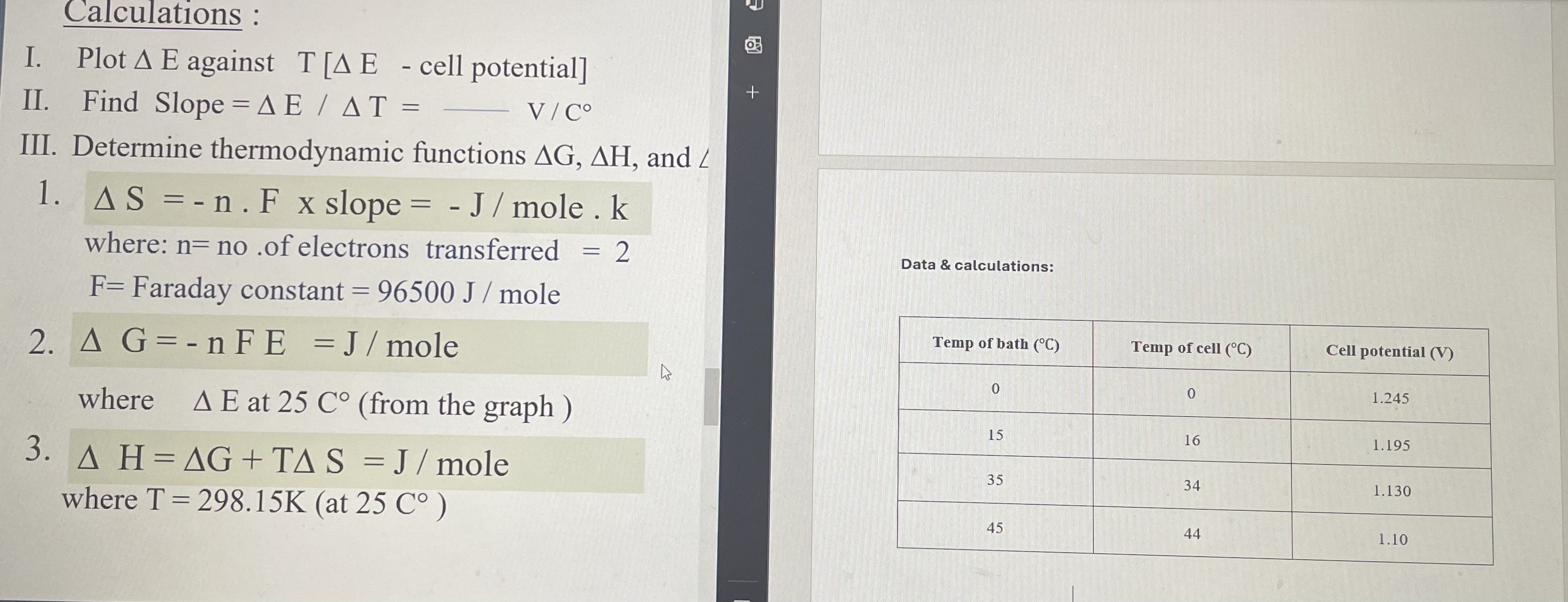 Solved Calculations:I. Plot ΔE ﻿against - ﻿cell potential | Chegg.com