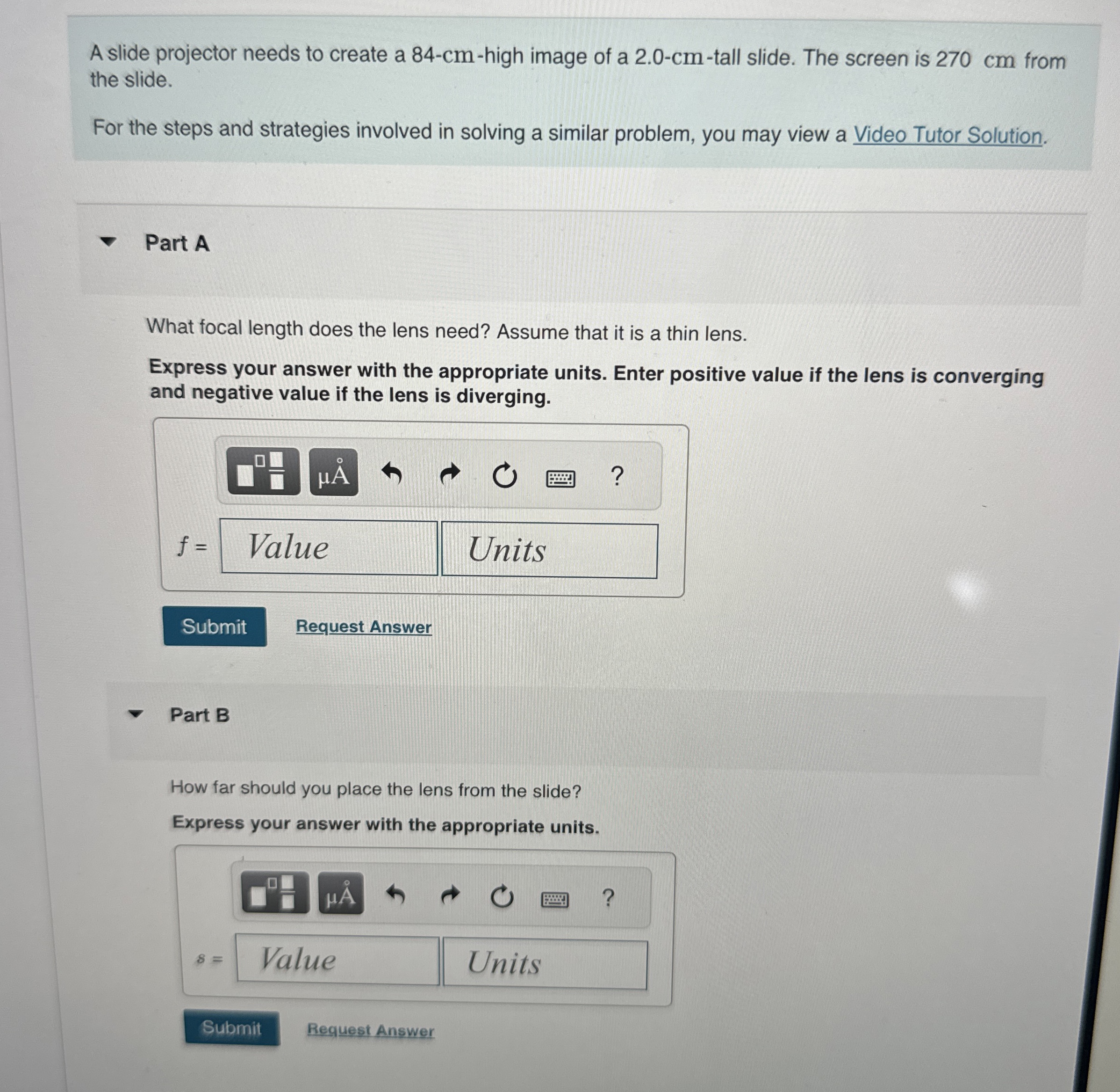 Solved A slide projector needs to create a 84 - ﻿cm -high | Chegg.com