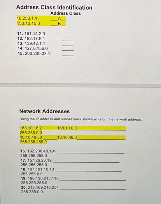 Solved Address Class Identification Address Class 11. 191.14 | Chegg.com