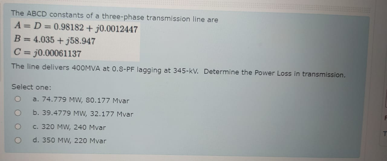 The ABCD constants of a three-phase transmission line | Chegg.com