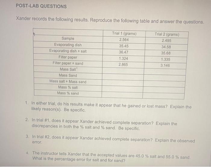 Solved Xander records the following results. Reproduce the | Chegg.com