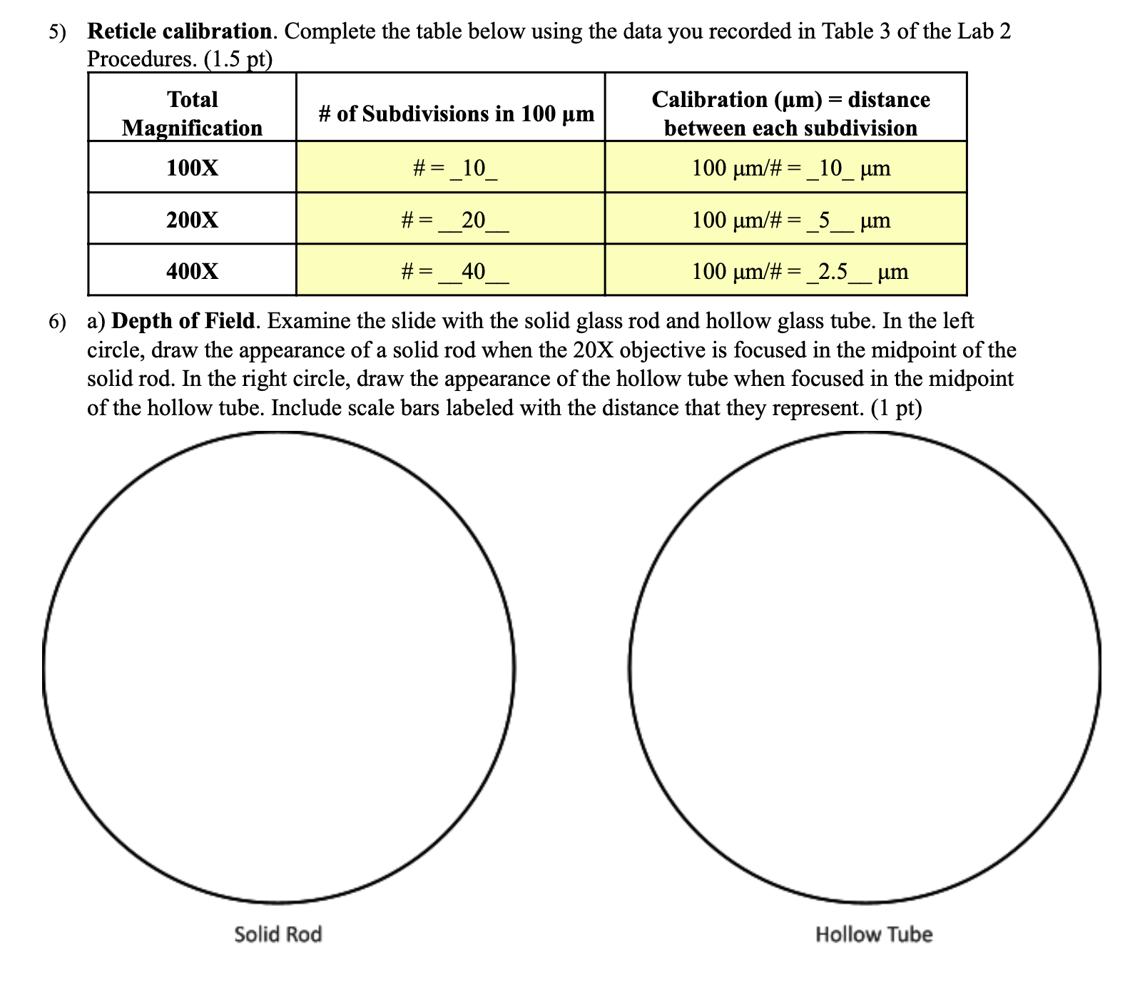 Reticle calibration. Complete the table below using | Chegg.com