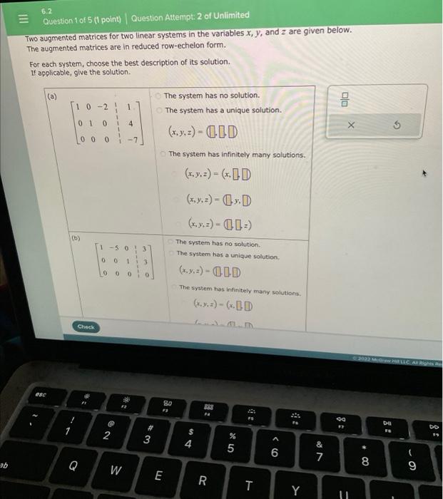 Solved Two augmented matrices for two linear systems in the | Chegg.com