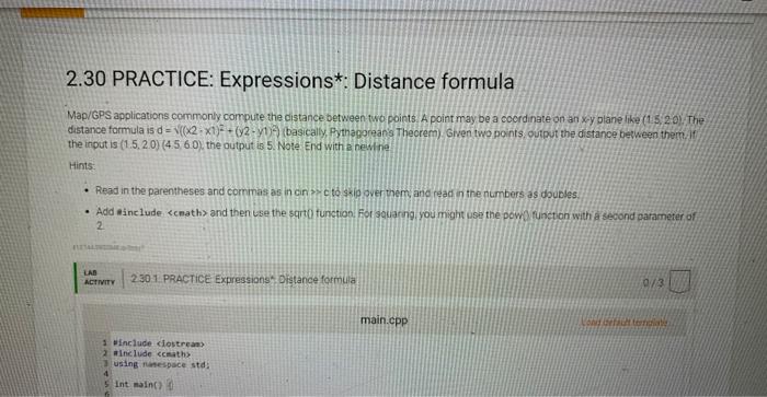 Solved 2.30 PRACTICE: Expressions*: Distance formula Map/GPS | Chegg.com