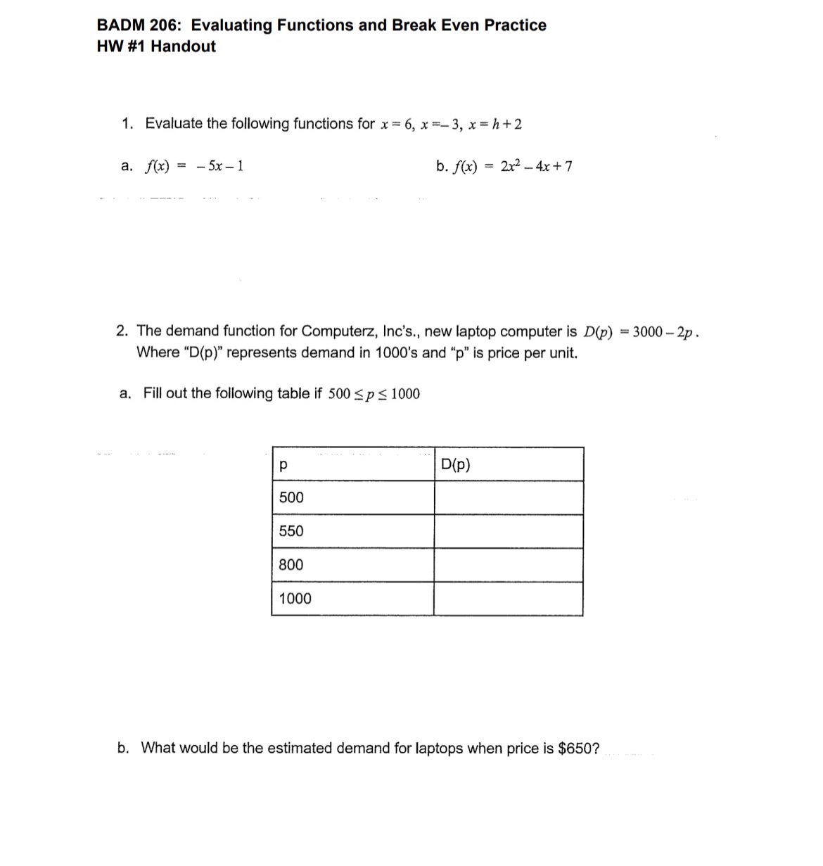 Solved HW #1 ﻿HandoutEvaluate the following functions for | Chegg.com