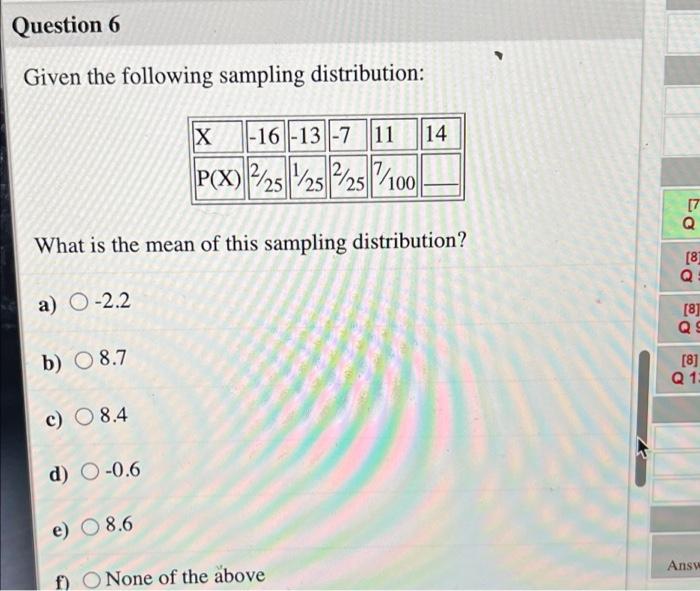 Solved Question 4 Given the following sampling distribution: | Chegg.com