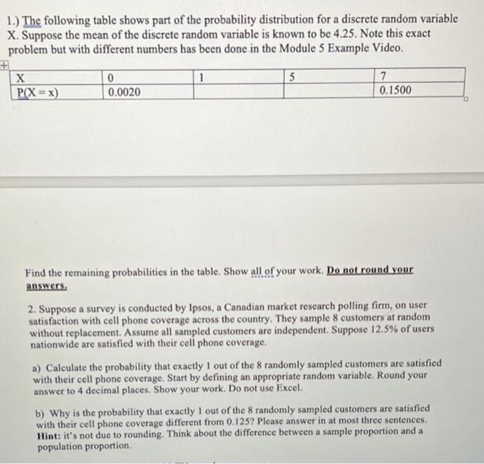 Solved 1.) The following table shows part of the probability | Chegg.com