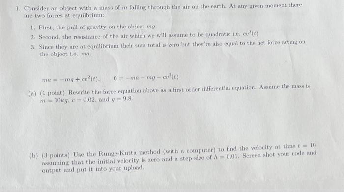 Solved 1. Consider an object with a mass of m falling | Chegg.com