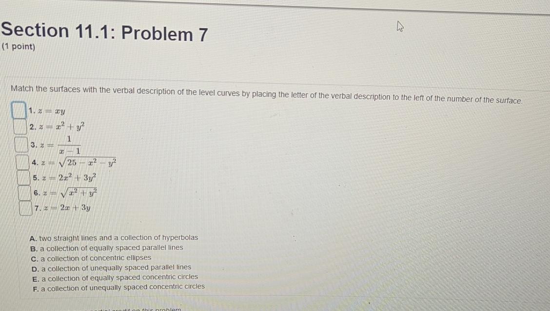 Solved Section 11.1: Problem 7(1 ﻿point)Match the surfaces | Chegg.com