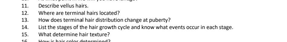 Solved 11. Describe vellus hairs. 12. Where are terminal | Chegg.com