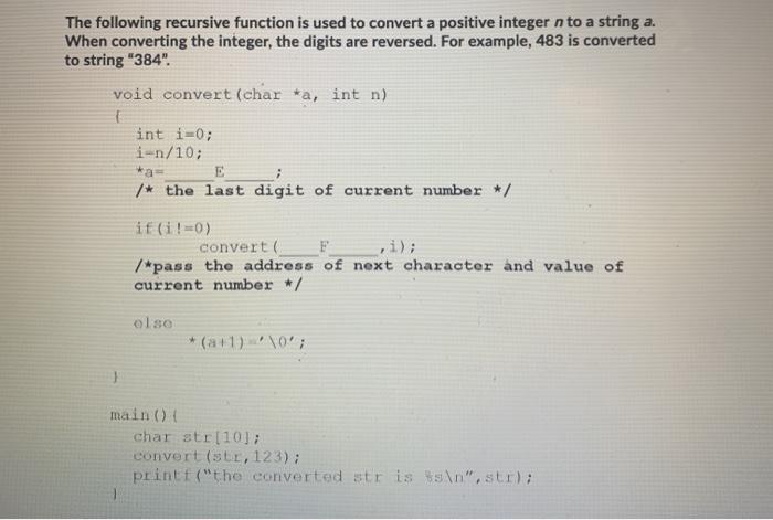 Solved The following recursive function is used to convert a | Chegg.com