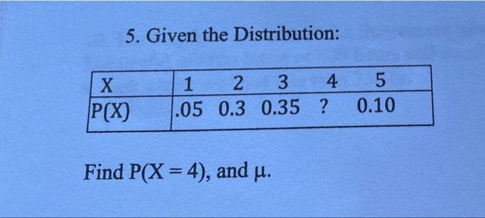 Solved 5. Given the Distribution: X P(X) 1 2 3 4 .05 0.3 | Chegg.com