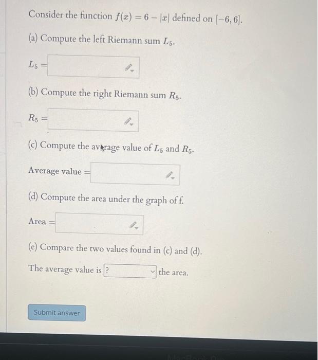 Solved Consider the function f(x)=6−∣x∣ defined on [−6,6]. | Chegg.com