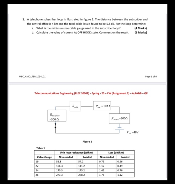 1. A telephone subscriber loop is illustrated in | Chegg.com