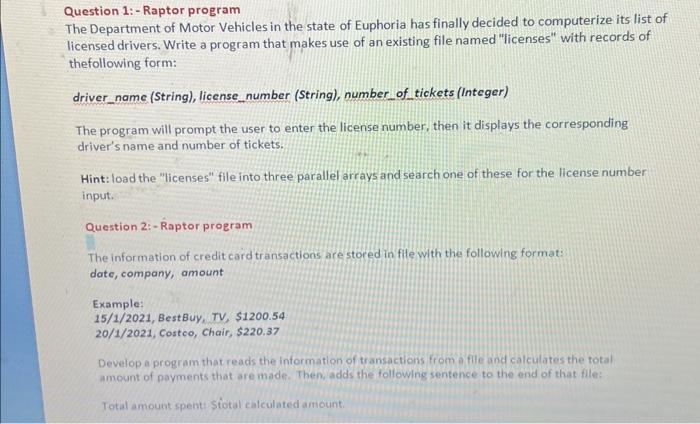 Solved Question 1:- Raptor program The Department of Motor | Chegg.com