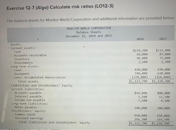 Solved Exercise 12-7 (Algo) Calculate risk ratios (LO12-3) | Chegg.com