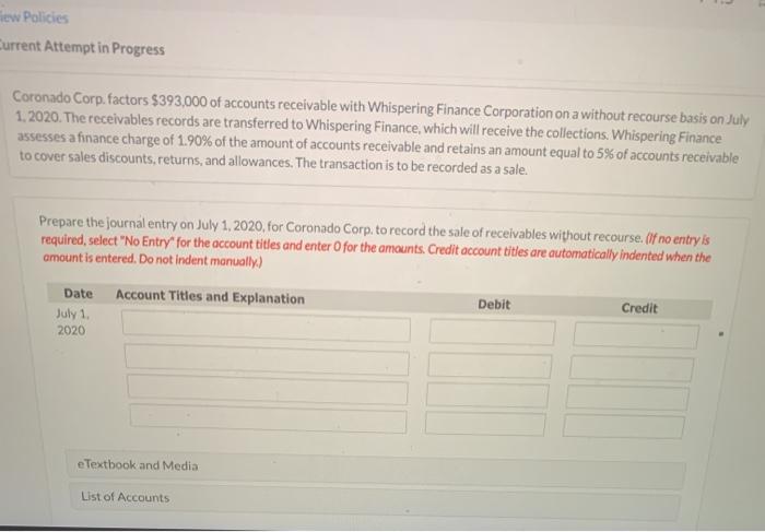 Solved lew Policies Current Attempt in Progress Coronado | Chegg.com