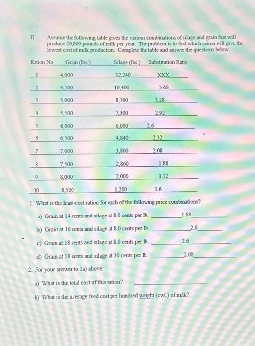 Solved II. Assume the following table gives the various | Chegg.com