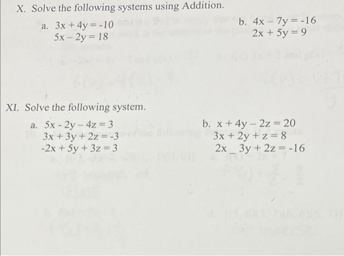 Solved X. Solve the following systems using Addition. a. 3x | Chegg.com