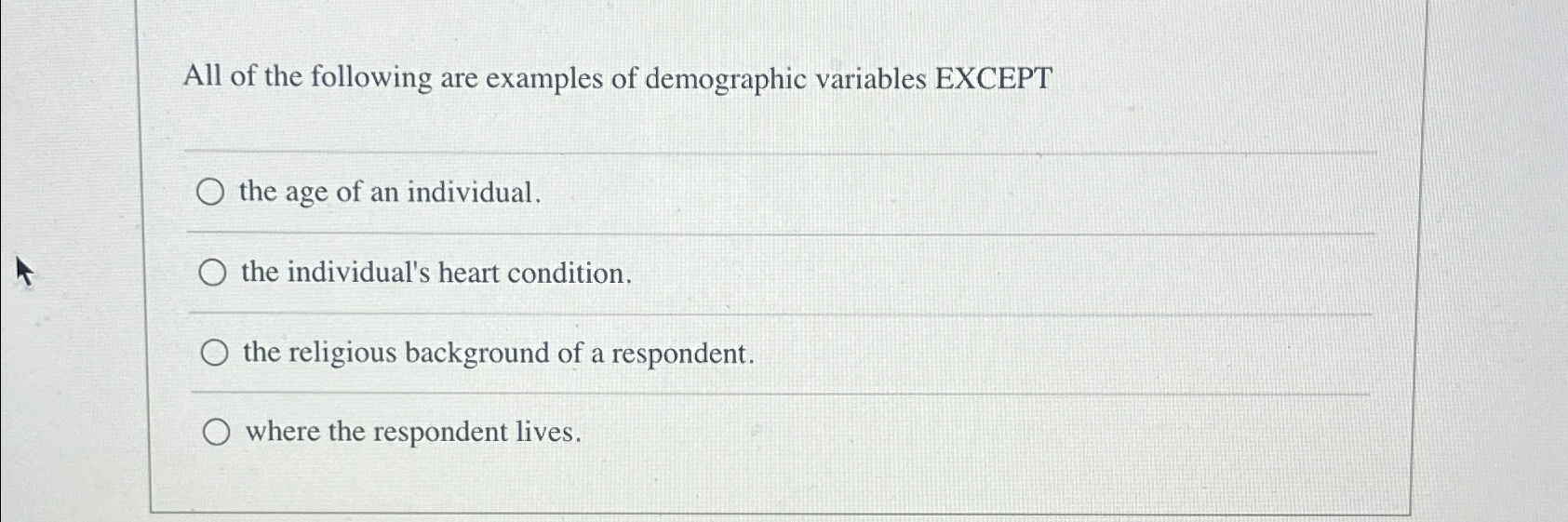 Solved All of the following are examples of demographic | Chegg.com