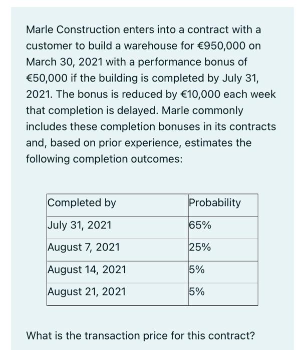 Solved Marle Construction enters into a contract with a | Chegg.com