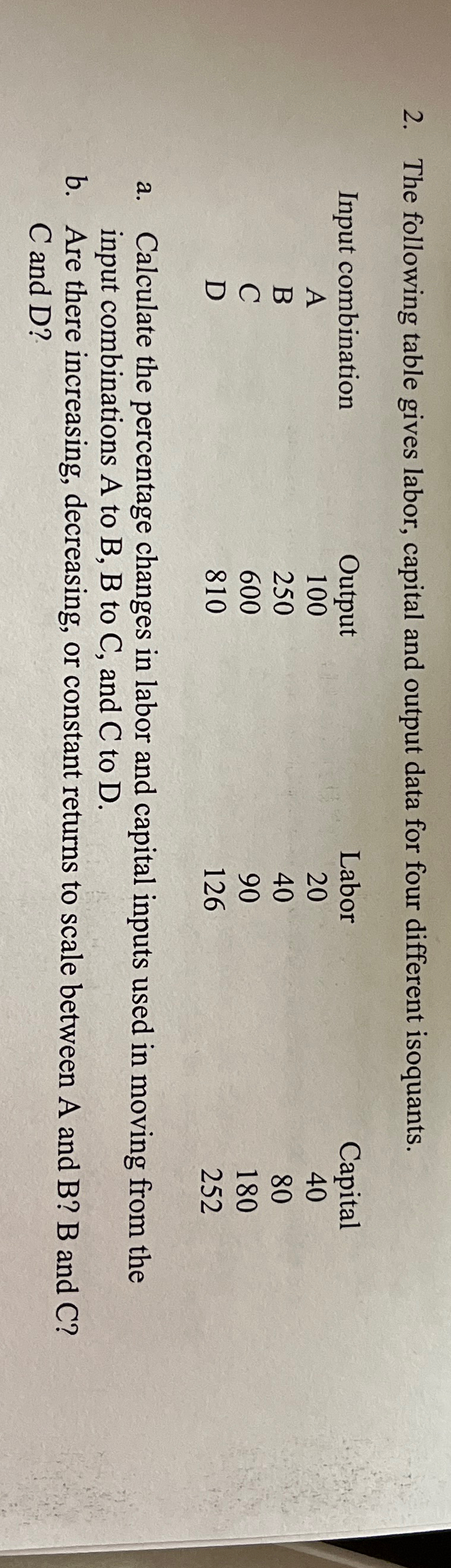 The following table gives labor, capital and output | Chegg.com